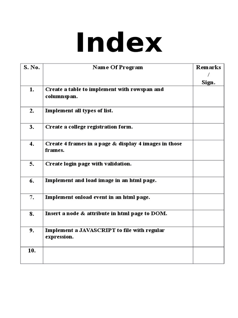 Index: S. No. Name of Program Remarks / Sign. 1 | PDF | Document Object ...