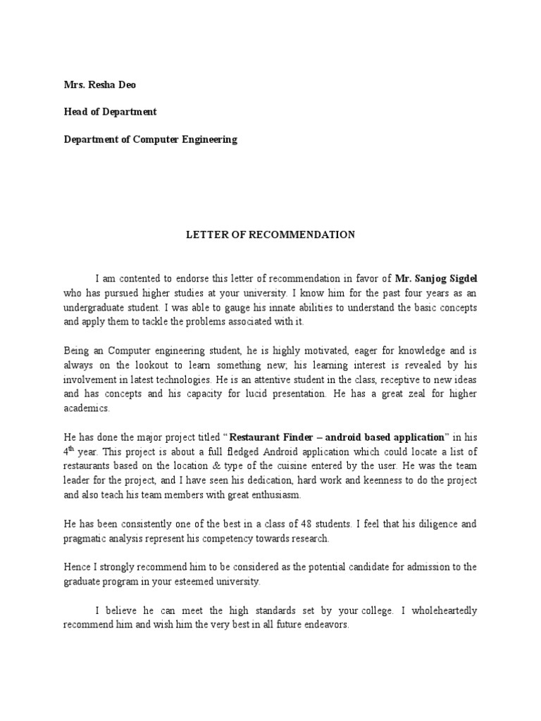 HOD Recommendation Letter | PDF
