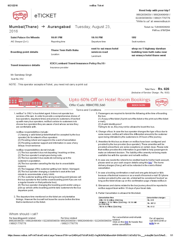 RedBus Ticket | PDF | Ticket (Admission) | Bus