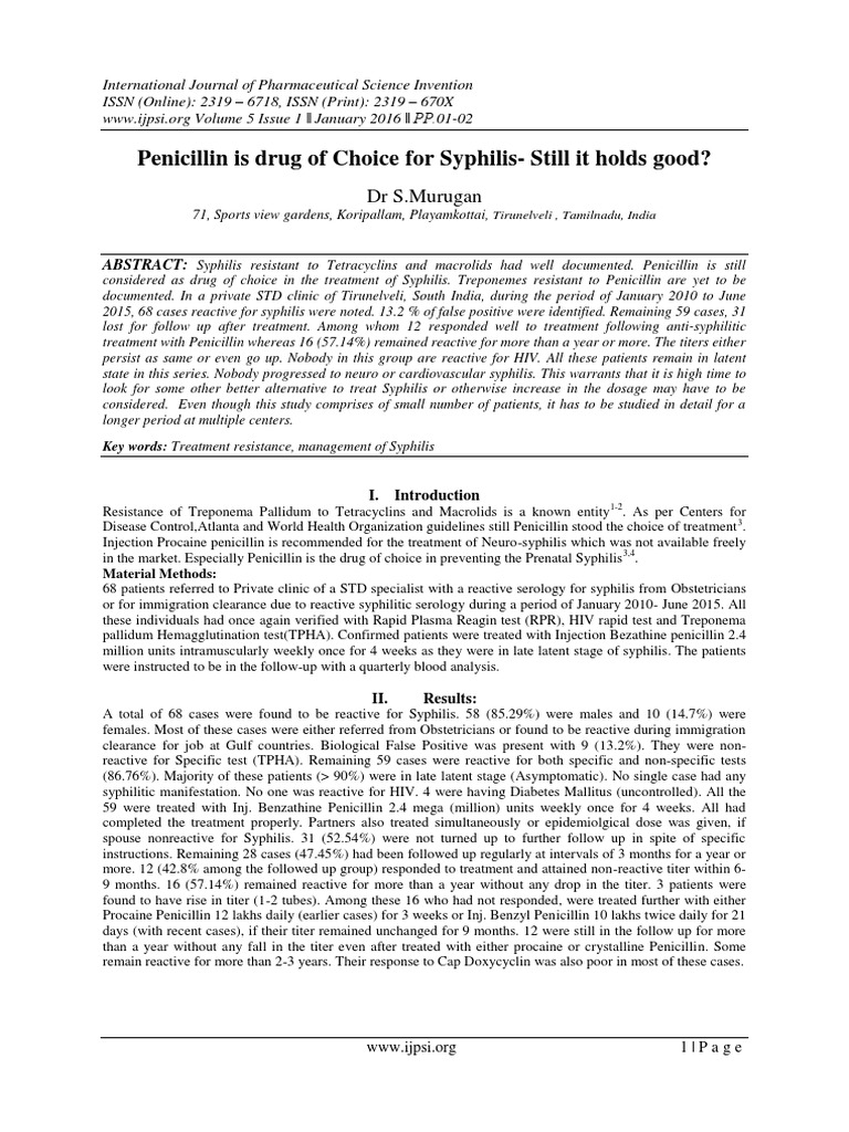 Penicillin Is Drug of Choice For Syphilis - Still It Holds Good? | PDF
