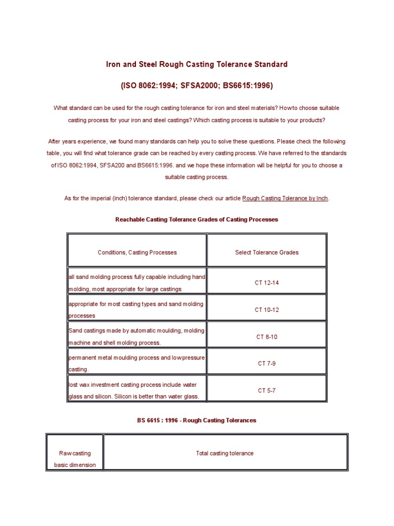 Iron and Steel Rough Casting Tolerance Standard | PDF