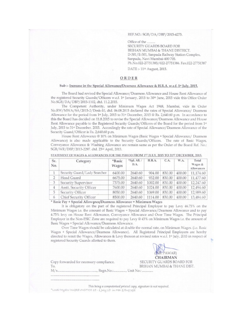 Revised Minimum Wages Security Guard Board 01.07.15 To 31.12.15 English ...