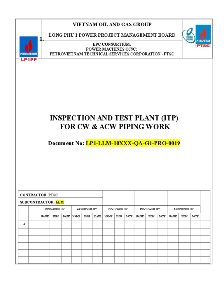 ITP For CW and ACW Piping Work | Welding | Construction