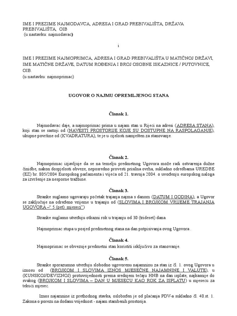 Ugovor o Najmu Stana Za Strance