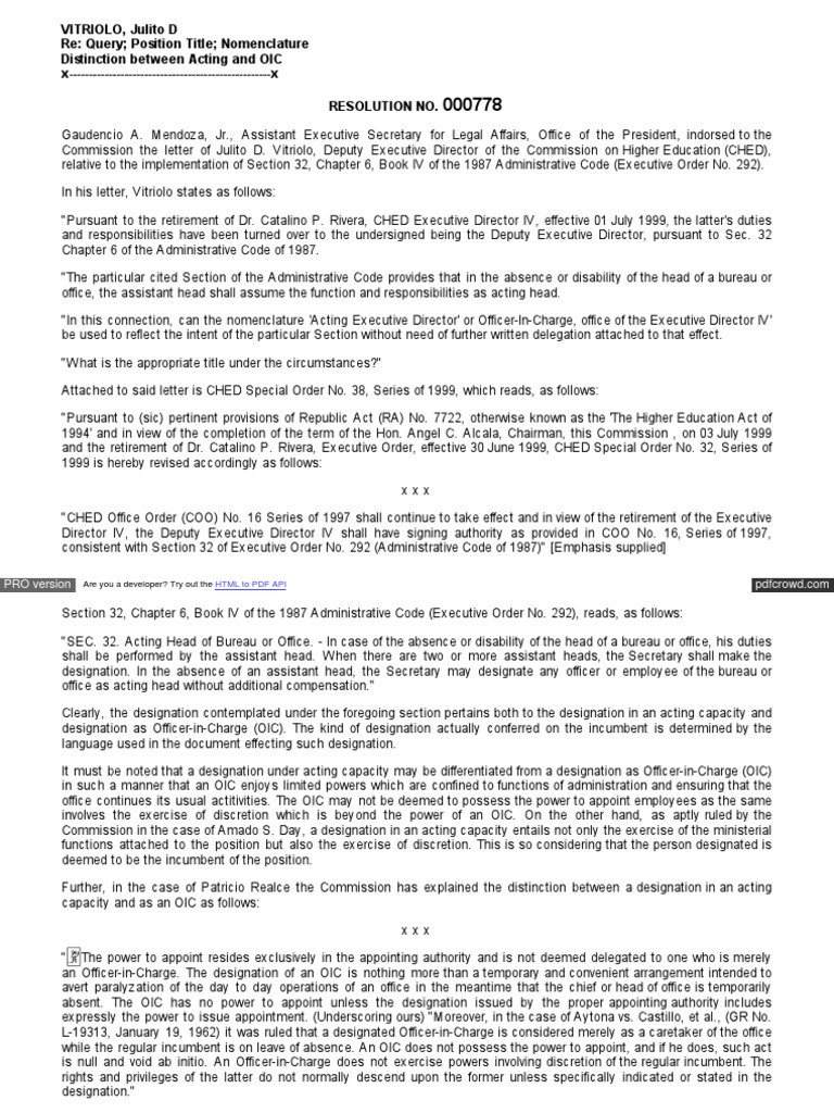 Distinction Between OIC and Acting Roles | PDF | Public Law | Common Law