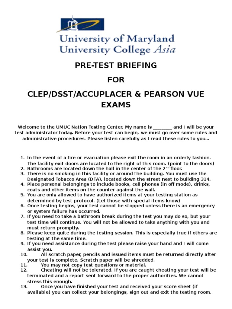 Pre-Test Briefing FOR Clep/Dsst/Accuplacer & Pearson Vue Exams | PDF