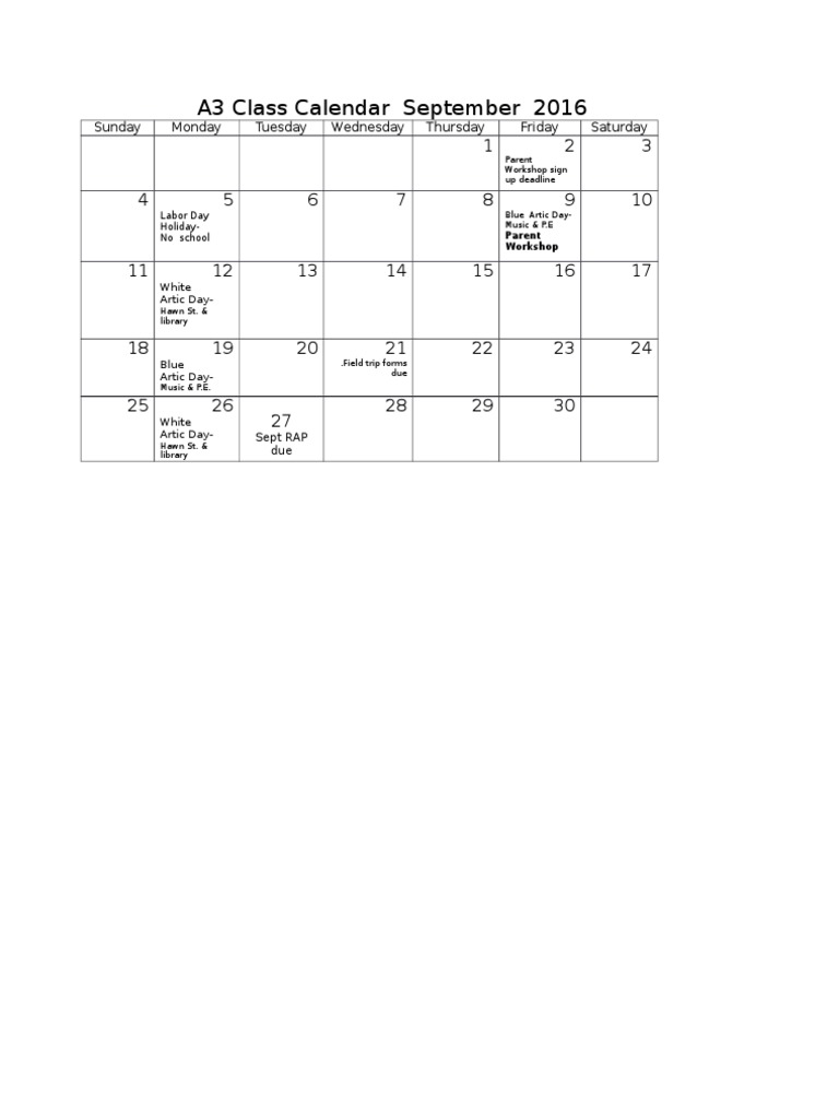A3 Class Calendar September 2016 | PDF | Art