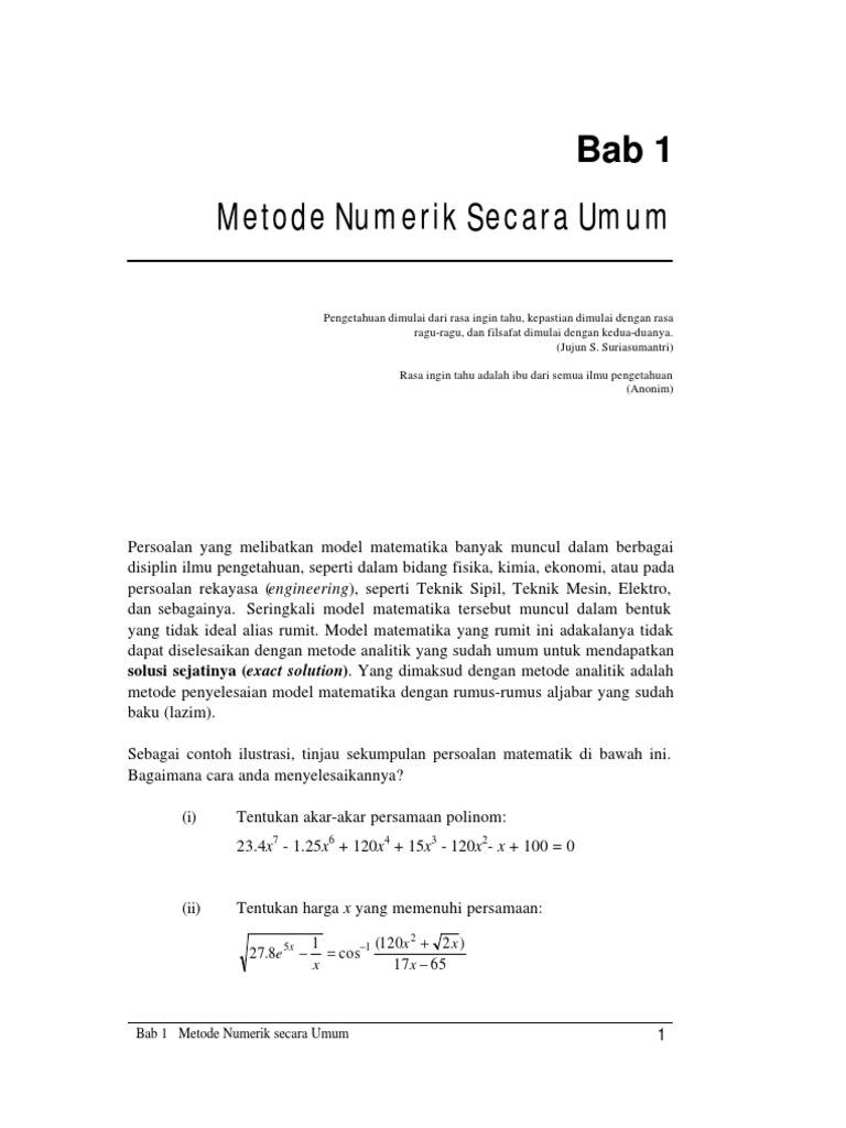 BAb - 01 Metode Numerik Secara Umum PDF | PDF | Metode & Bahan Ajar