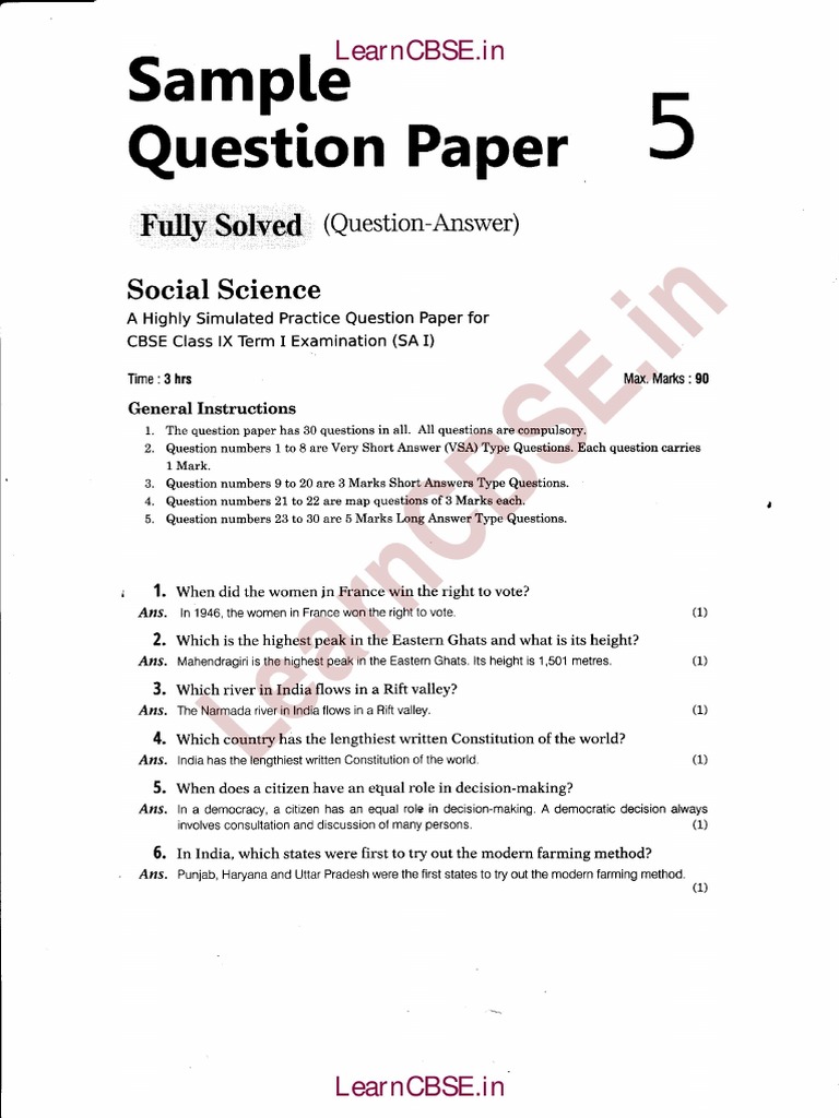 Cbse Class 9 Sample Papers Solved Sa1 Social Science 05 | PDF