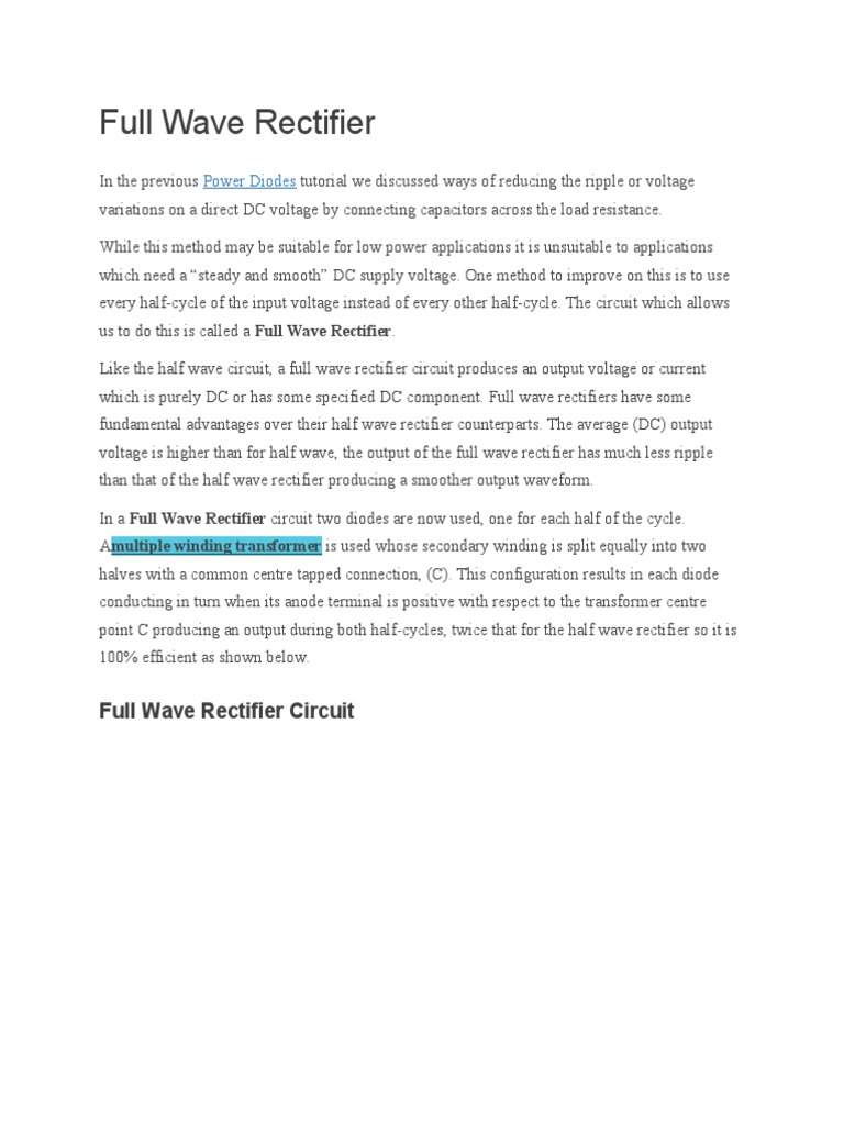 Full Wave Rectifier | PDF | Rectifier | Capacitor