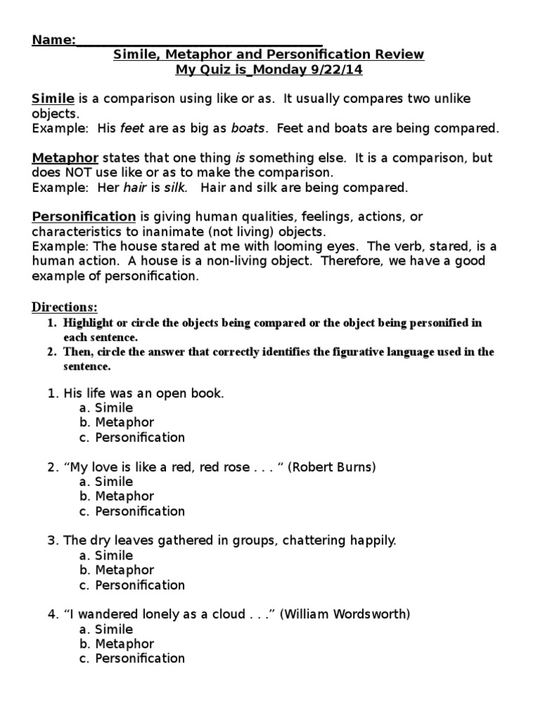 Similemetaphorpersonification Review Worksheet | PDF