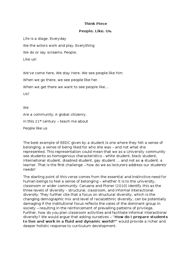 Think Piece People. Like. Us | PDF | Multiculturalism | Classroom