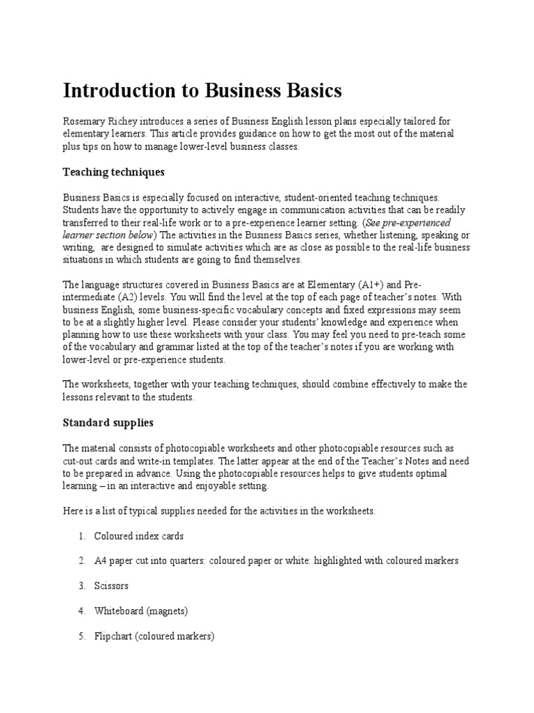 Guidance on Teaching Business English Basics to Elementary and Pre ...