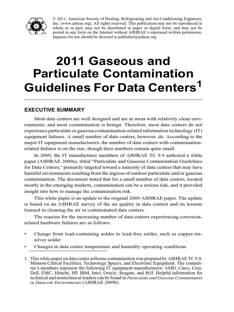 ASHRAE 2011 Gaseous and Particulate Contamination Guidelines For Data ...