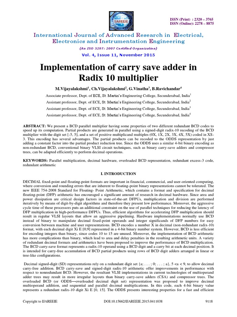 Implementation of Carry Save Adder in Radix 10 Multiplier | Download ...