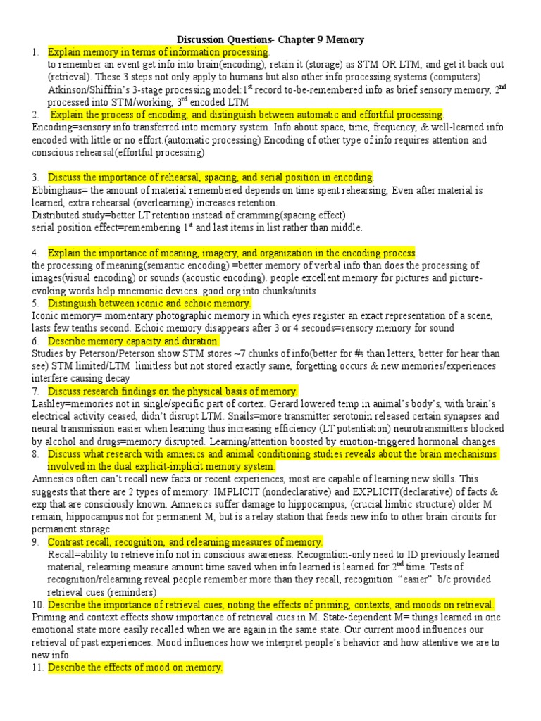 Memory Critical Thinking Questions | PDF | Memory | Recall (Memory)