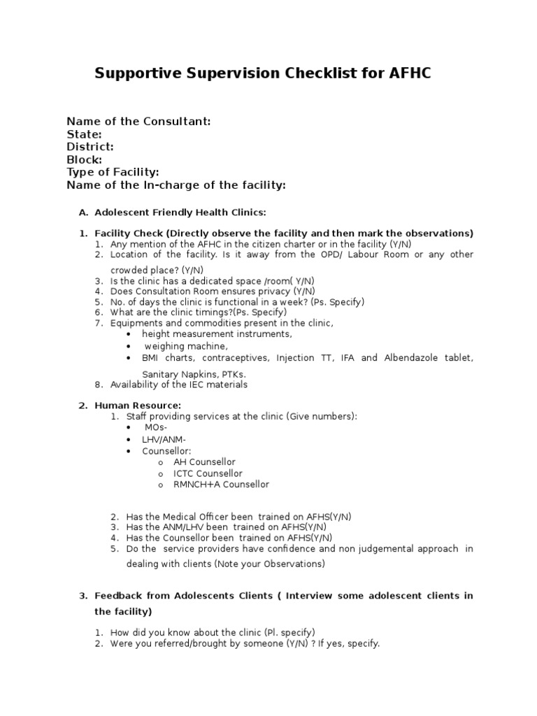 Supportive Supervision Checklist For AFHC | PDF | Anemia | Wellness