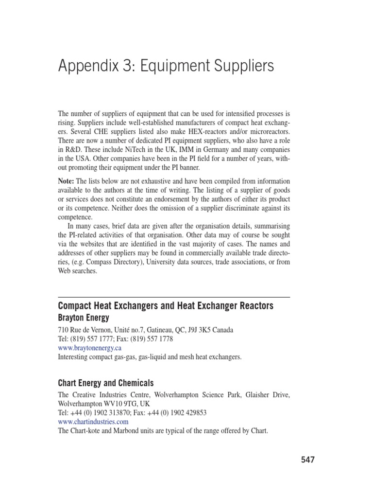 Appendix 3 Equipment Suppliers | Download Free PDF | Heat Exchanger ...