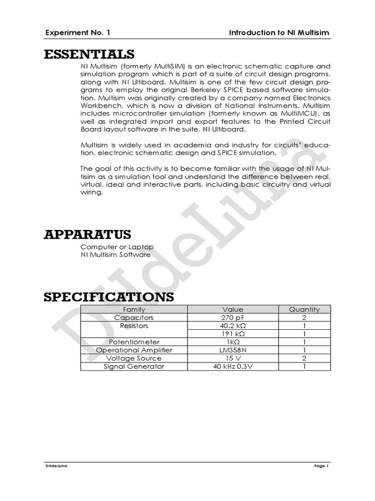 Essentials: Experiment No. 1 Introduction To NI Multisim | PDF ...