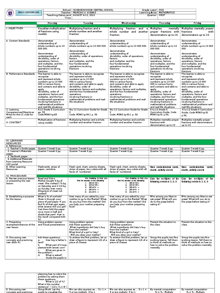 DLL Math Week 7 | PDF | Fraction (Mathematics) | Multiplication