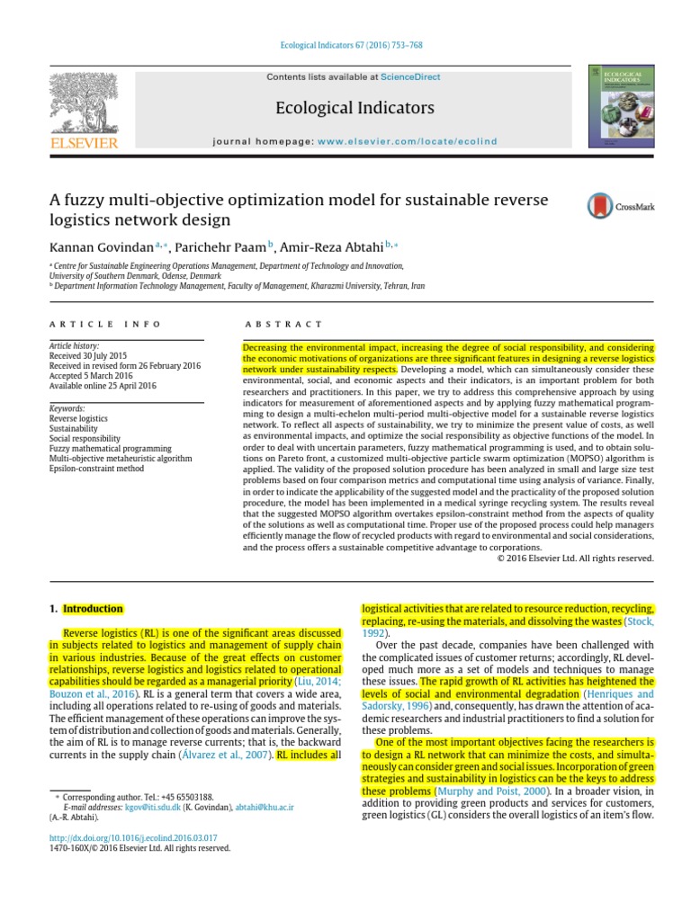A Fuzzy Multi-Objective Optimization Model For Sustainable Reverse ...