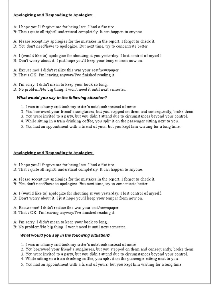 Apologizing and Responses Guide | PDF | Language Arts & Discipline