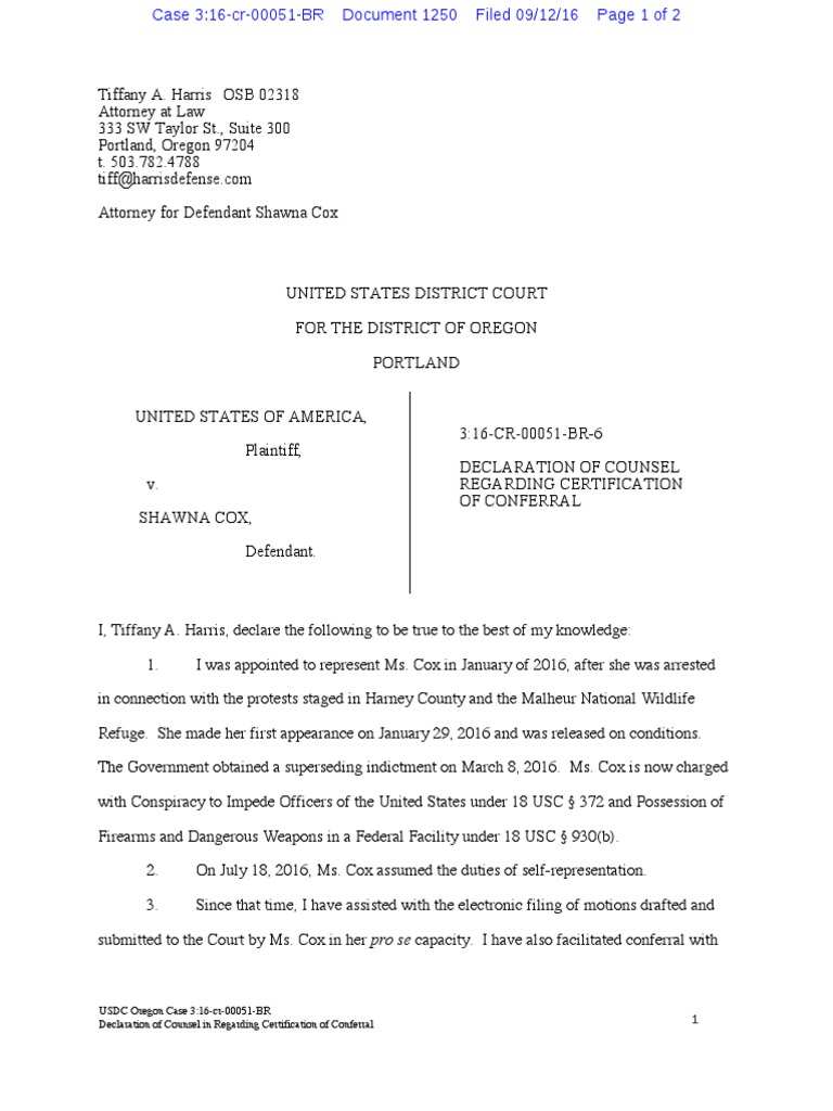 USDC Oregon Case 3:16-cr-00051-BR Declaration of Counsel in Regarding ...