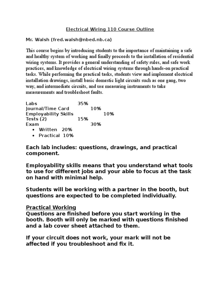 Electrical Wiring 110 Course Outline | PDF