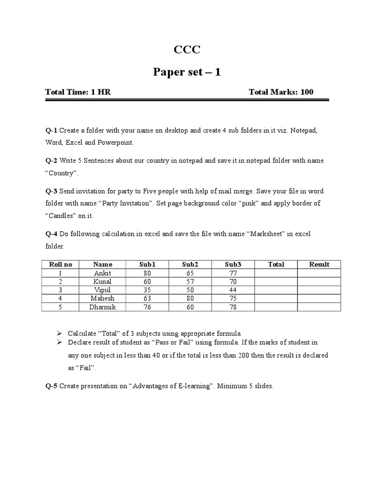 CCC Paper Set - 1: Total Time: 1 HR Total Marks: 100 | PDF