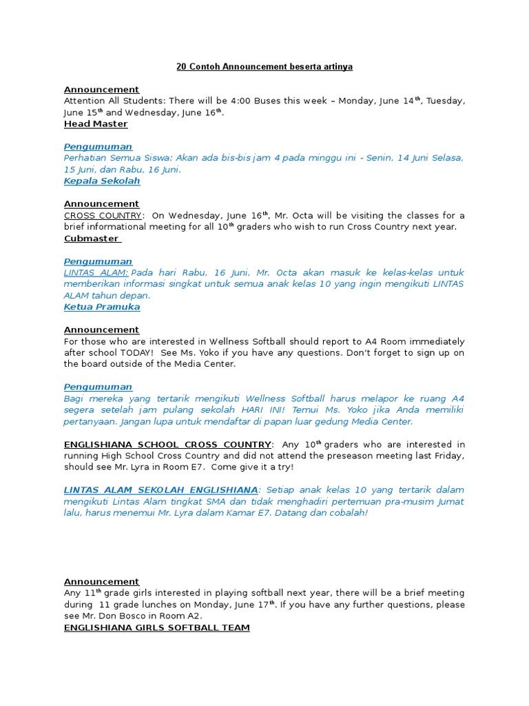20 Contoh Announcement Beserta Artinya | PDF | Seni & Disiplin Bahasa