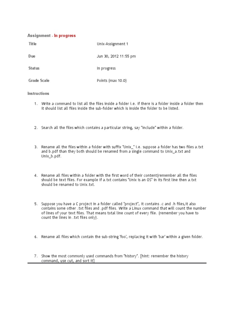 in Progress: Assignment Title Due Status Grade Scale Instructions | PDF ...