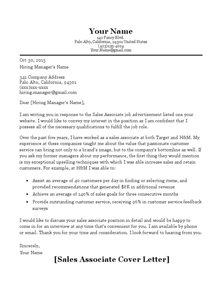 Sales Associate Cover Letter Example | PDF | Career & Growth