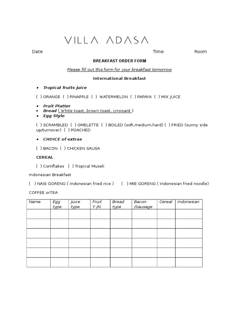 Date Time Room: Breakfast Order Form | PDF | Cooking, Food & Wine ...