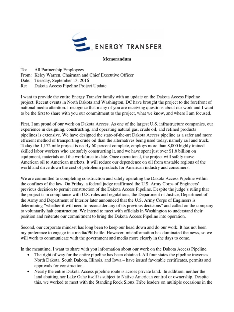 ETP Internal Memo 9 13 16 Final To Employees | PDF | Dakota Access ...