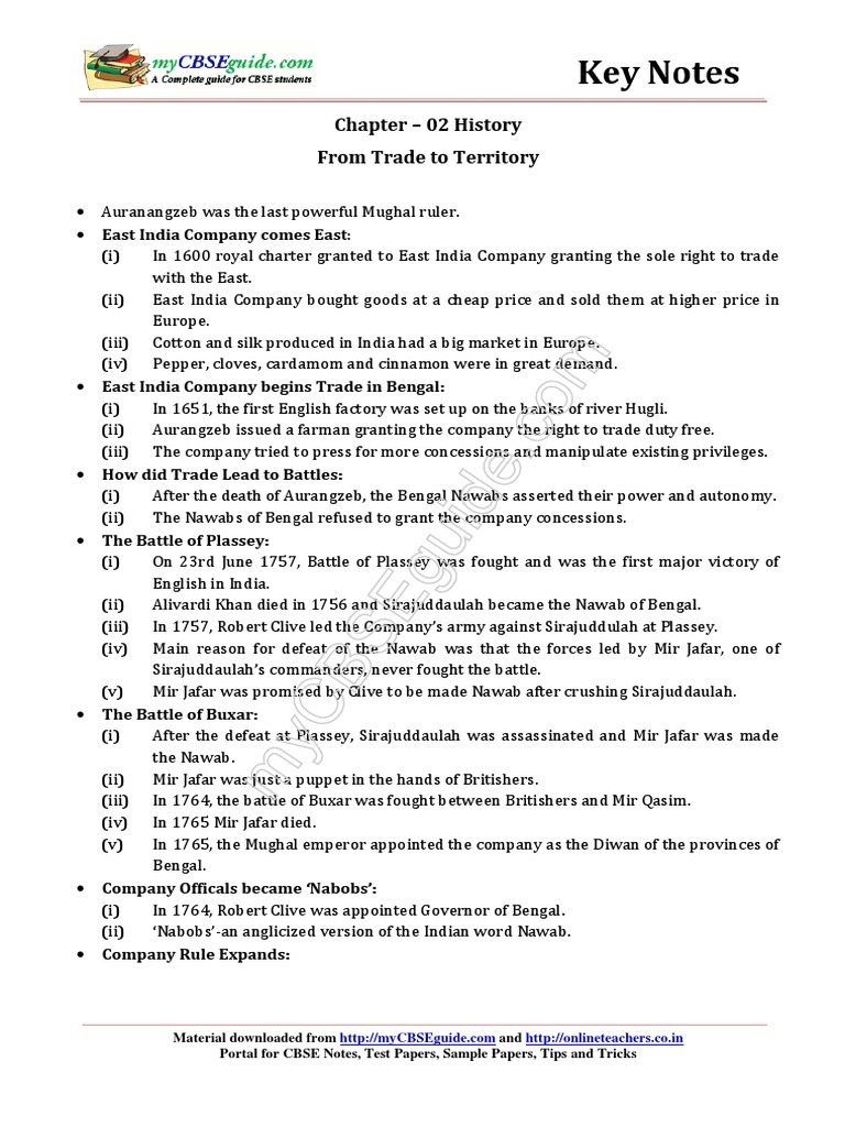 08 Social Science History Key Notes CH 02 From Trade To Territory | PDF ...