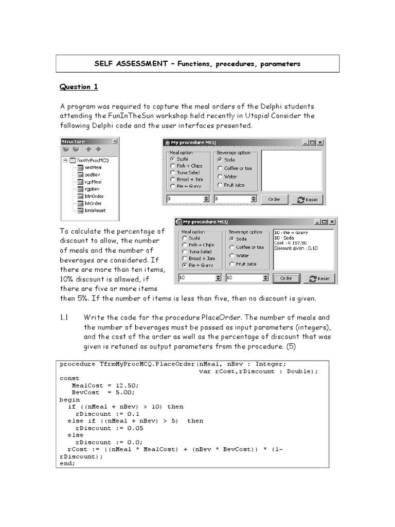 SELF ASSESSMENT - Functions, Procedures, Parameters | PDF | Subroutine ...