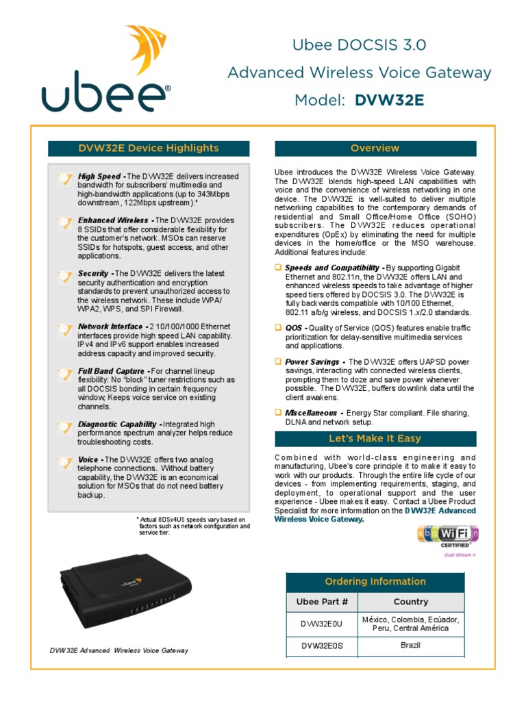 Ubee DOCSIS 3.0 Advanced Wireless Voice Gateway Model: DVW32E | PDF ...