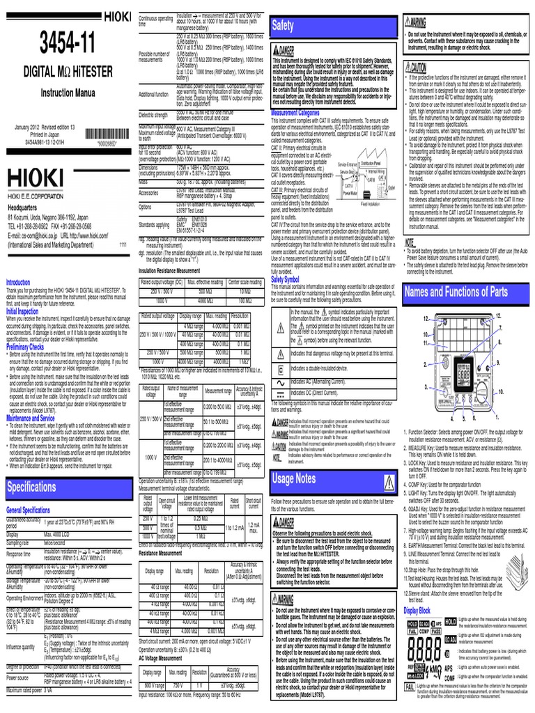 Manual Hioki 3454-11 | PDF | Switch | High Voltage