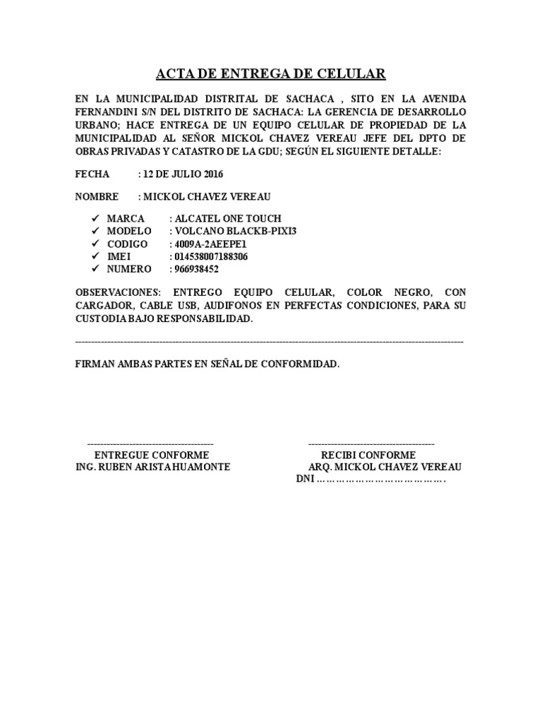 Acta de Entrega de Celular | PDF