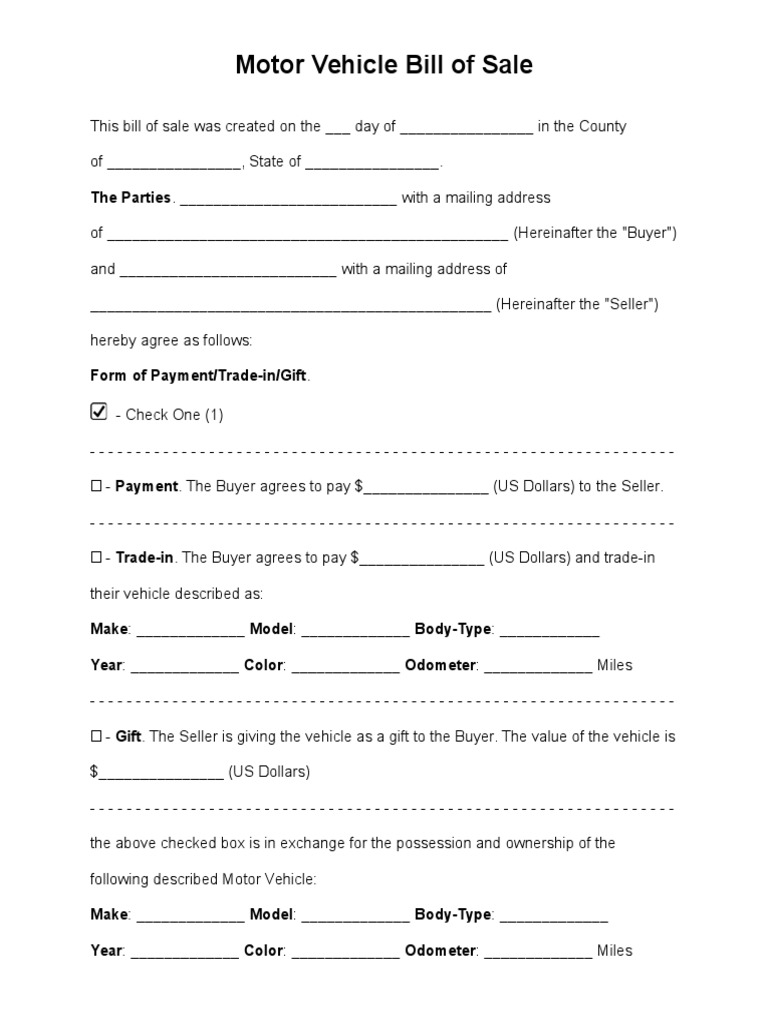 Motor Vehicle Bill of Sale Template | PDF