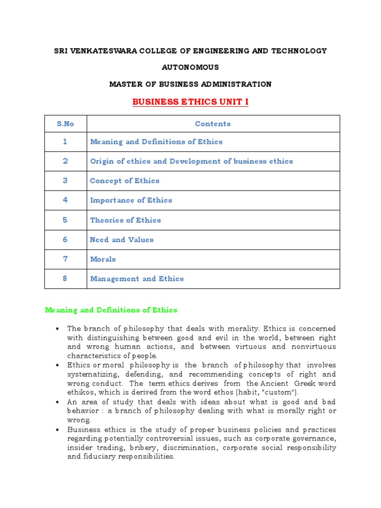 Business Ethics Unit I | Download Free PDF | Business Ethics | Morality