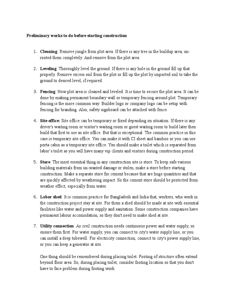 Preliminary Works To Do Before Starting Construction | PDF