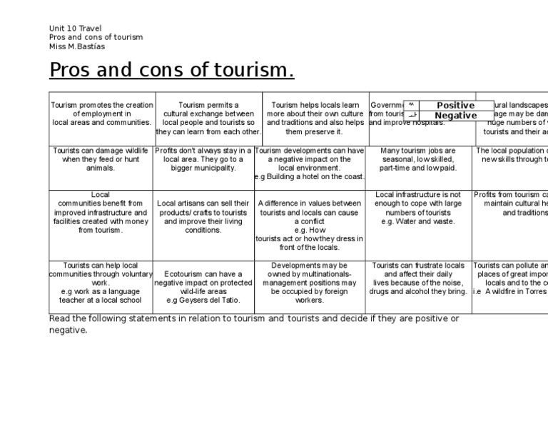 Pros and Cons of Tourism.: Positive Negative | PDF | Tourism | Employment