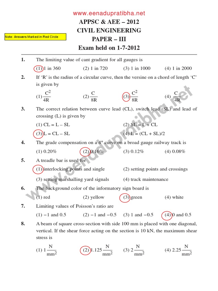APPSC AEE 2012 Civil Engineering Exam | PDF | Lime (Material) | Cement