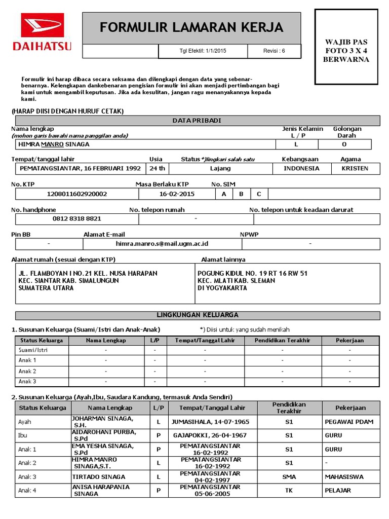FLK (Formulir Lamaran Kerja) ADM 2016 | PDF