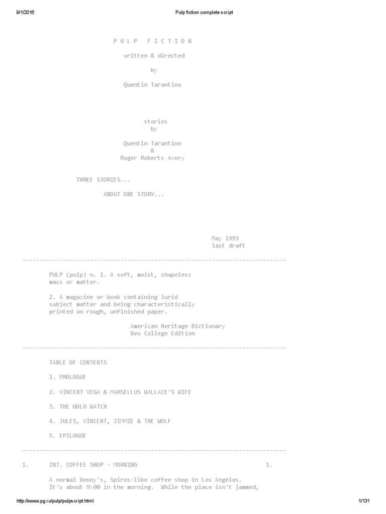Pulp Fiction Complete Script | PDF | Pulp Fiction | Hamburgers
