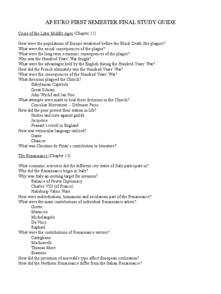 AP Euro First Semester Study Guide | PDF | French Revolution | Renaissance