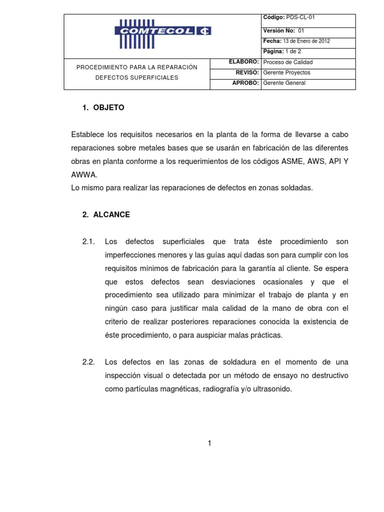 Procedimiento de para La Reparacion Defectos Superficiales PDF | PDF ...