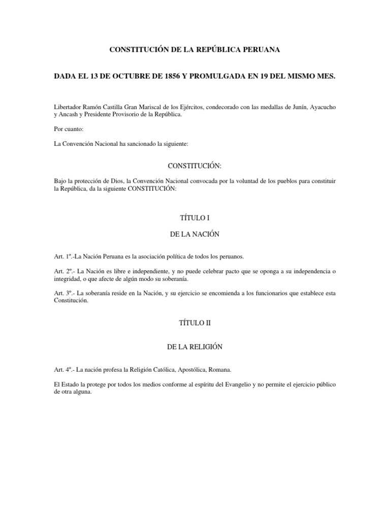 Constitucion Politica Del Perú 1856 | PDF