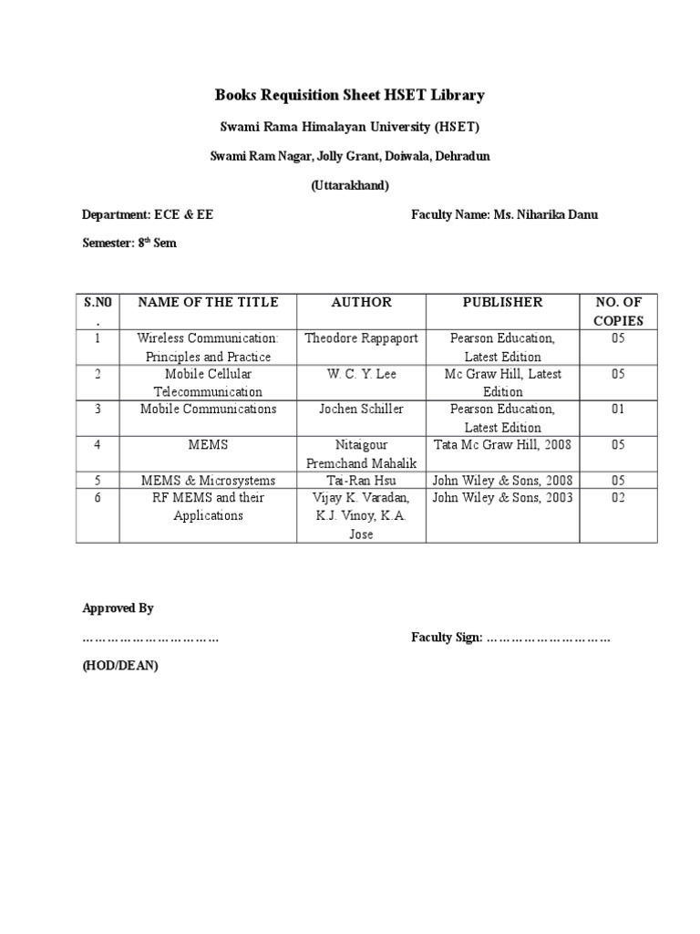 Book Requisition Sheet - VIII Sem (BTech) | PDF